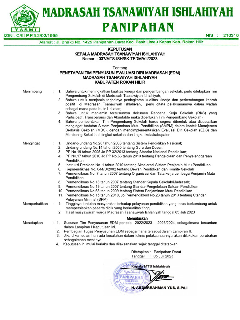 SK Tim Penyusunan EDM MTs Ishlahiyah | PDF
