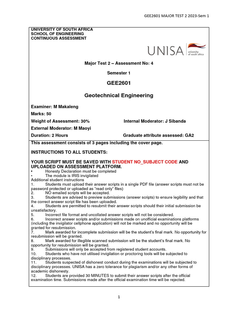 GEE2601 Assessment 4 (Major Test 2) QP | PDF