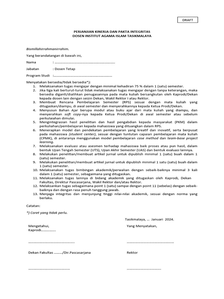 Perjanjian Kinerja Dan Pakta Integritas Dosen Tetap | PDF
