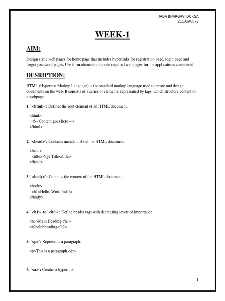 Week 1 | Download Free PDF | Html | Html Element