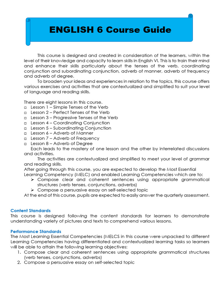English 6 Quarter 4 Course Guide | PDF | Grammatical Tense | Adverb