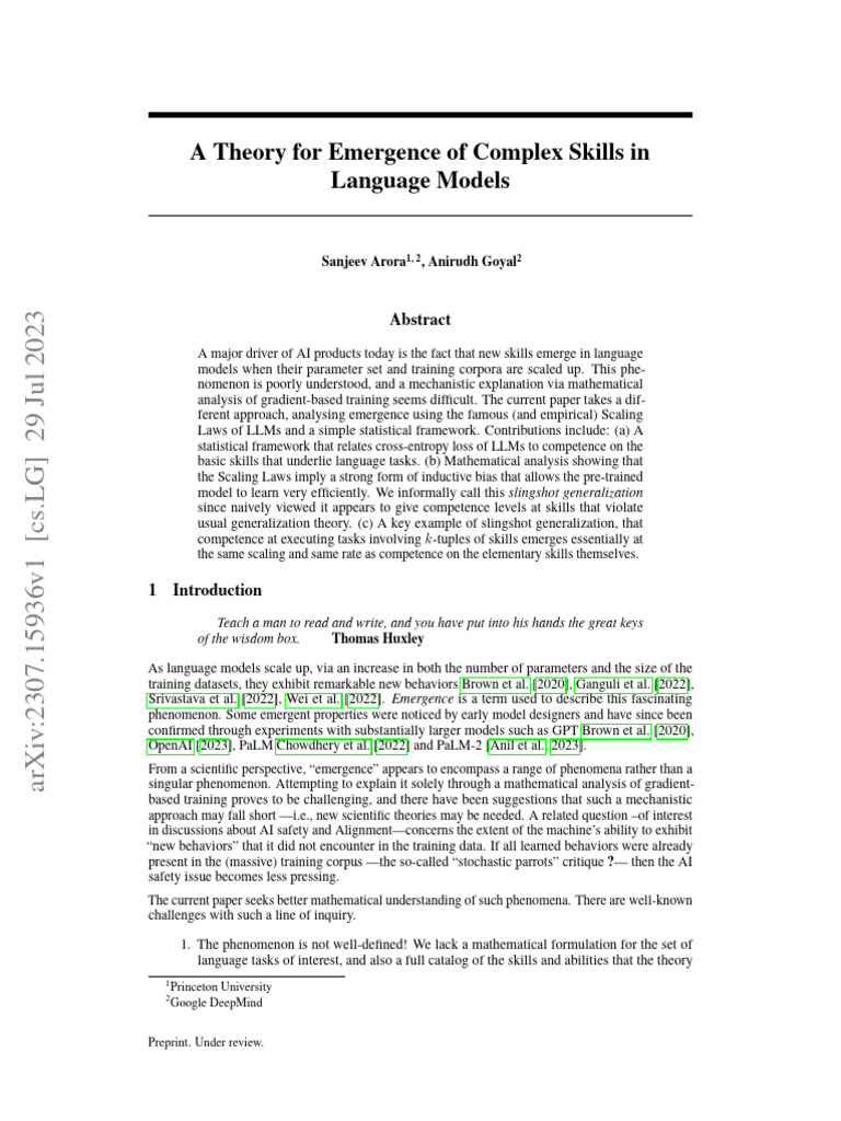 A Theory For Emergence of Complex Skills in Language Models: Princeton University Google ...