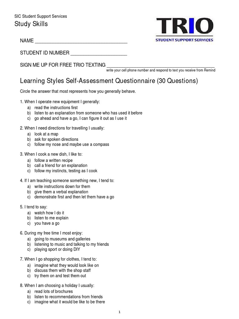 TRIO Learning Styles Assessment Fall 2017 | PDF | Learning Styles ... TRIO Learning Styles Assessment Fall 2017 | PDF | Learning Styles ...