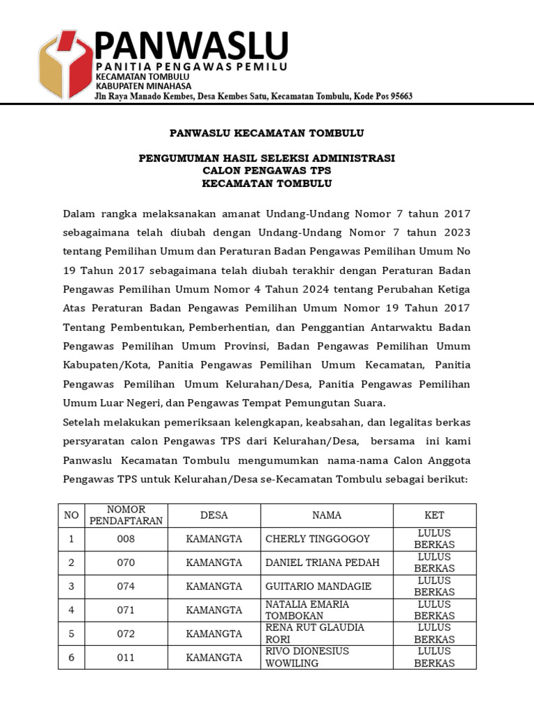 Pengumuman Hasil Seleksi Administrasi Calon PTPS | PDF Pengumuman Hasil Seleksi Administrasi Calon PTPS | PDF