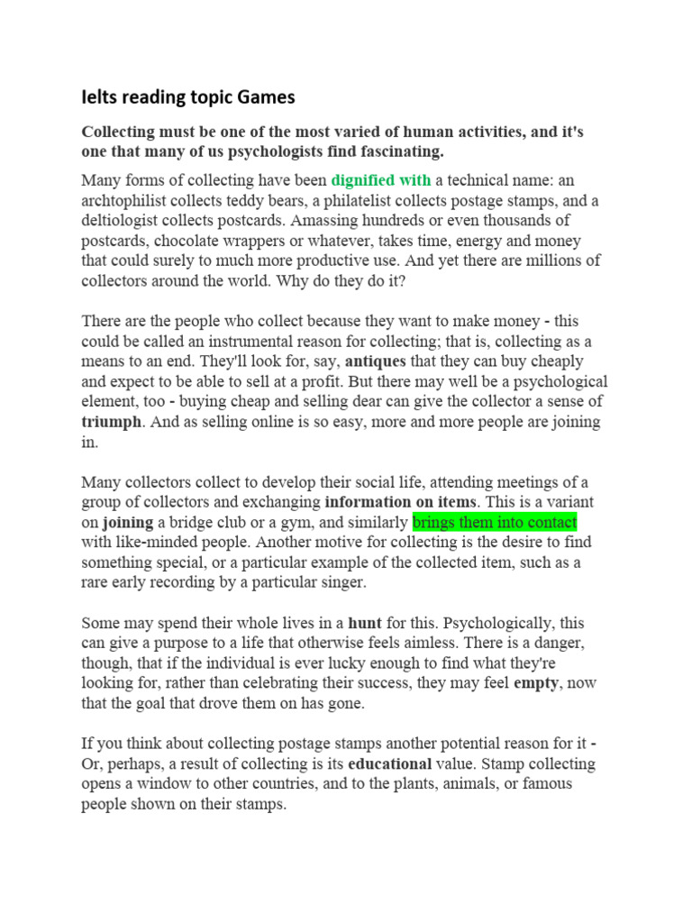 Ielts Reading Topic Games | PDF | Dolls | Postage Stamp