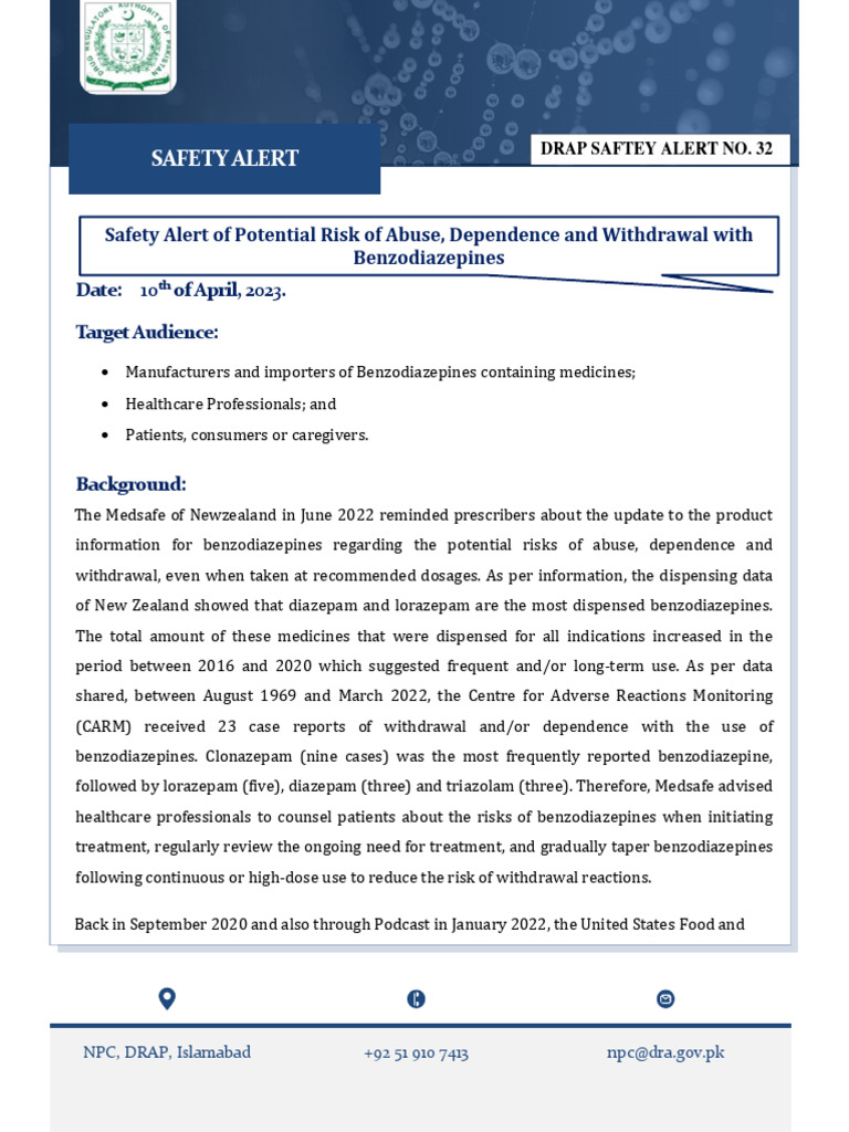 32 Safety Alert of Potential Risk of Abuse Dependence and Withdrawal With Benzodiazepines ...