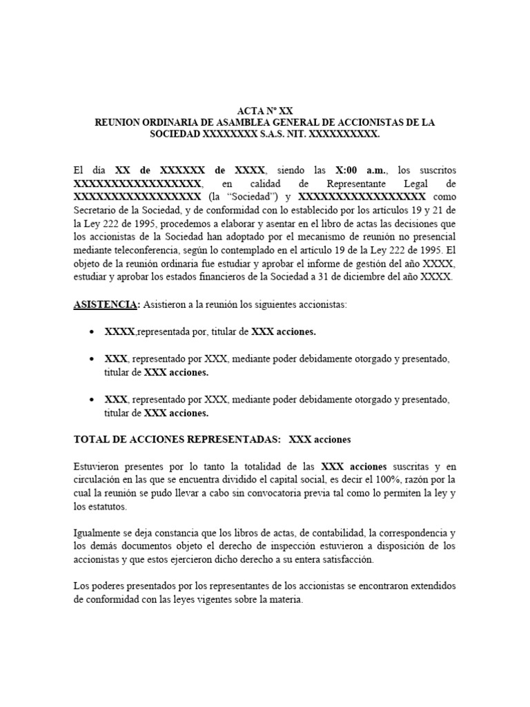 Formato Acta Asamblea Ordinaria de Accionistas de Una Sociedad Por Acciones Simplificada ...