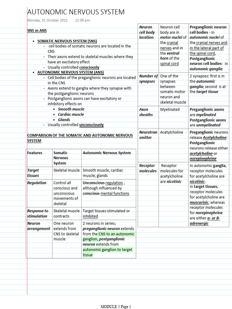 Module 5 - 14. Ans Notes | PDF | Autonomic Nervous System | Nervous System