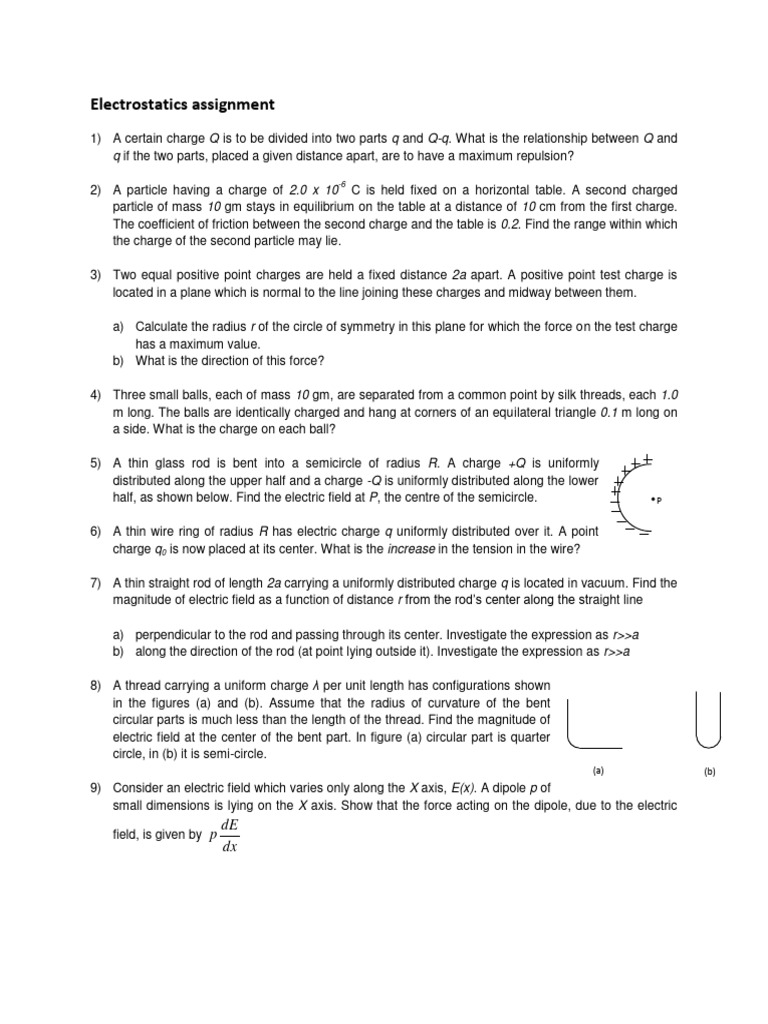Electrostatics Assignment | PDF | Sphere | Electric Field