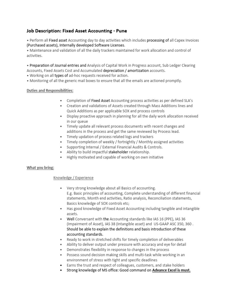 Job Description Fixed Asset - Tangible and Intangible Accounting | PDF ...