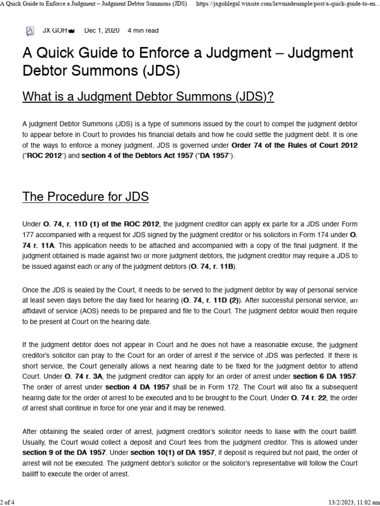 A Quick Guide To Enforce A Judgment - Judgment Debtor Summons (JDS ...