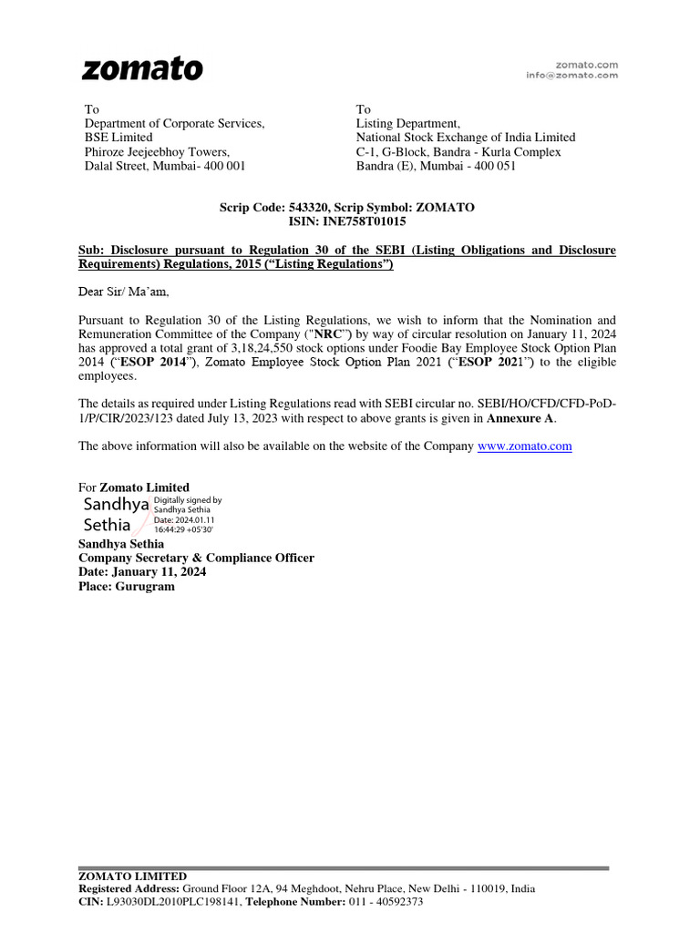ZOMATO 11012024165126 ZomatoIntimationSigned | PDF | Stocks | Employee ...