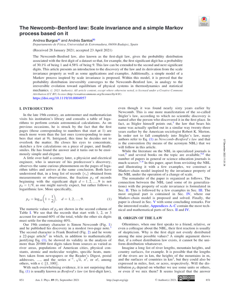 NewcombBenford (1) - Copie | PDF | Markov Chain | Entropy