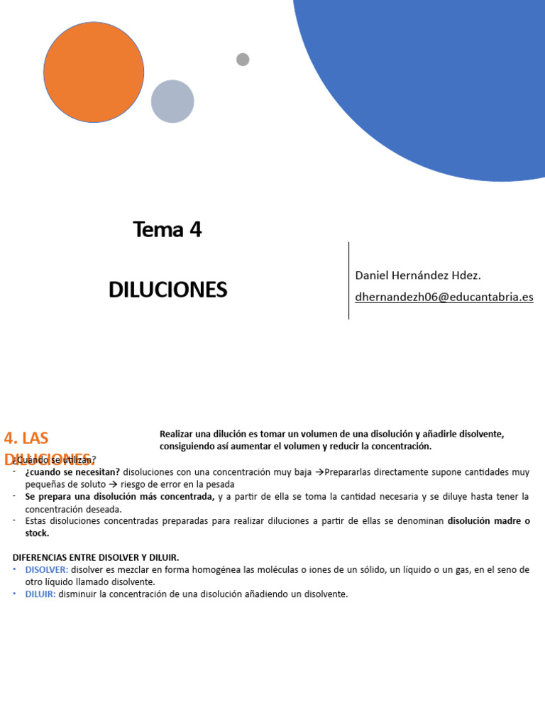 Tema 4. Diluciones | PDF | Concentración | Sustancias químicas