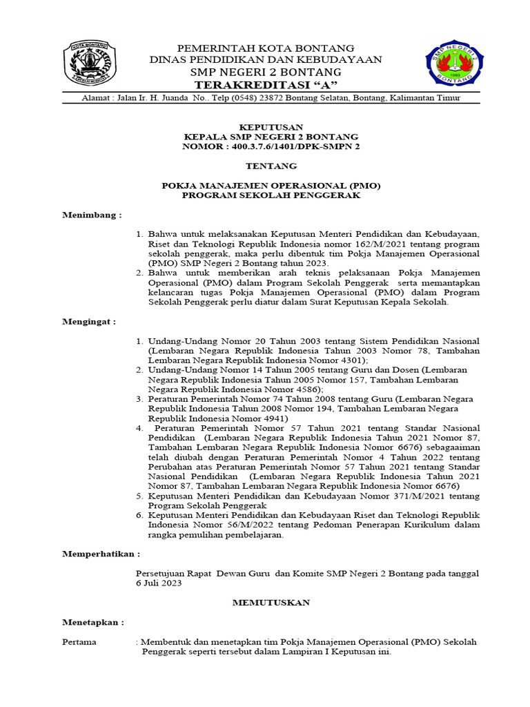 SK Tim Pmo Tahun 2023-SMPN2 | PDF