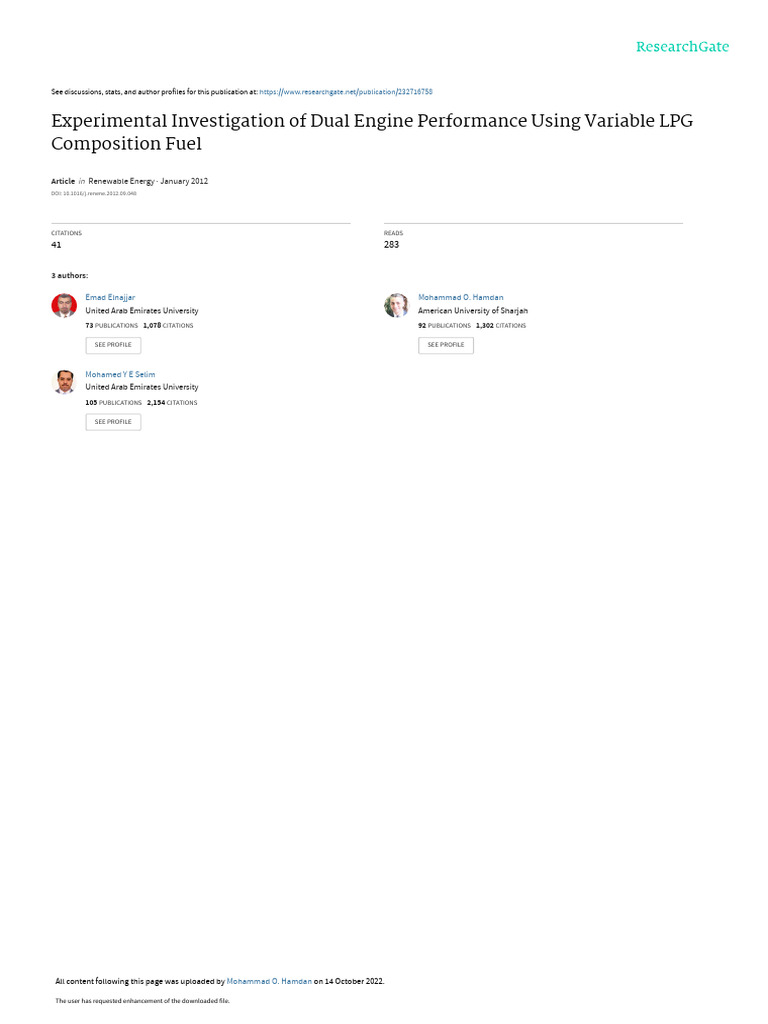 Experimental Investigation of Dual Engine Performance Using Variable LPG Composition Fuel | PDF ...