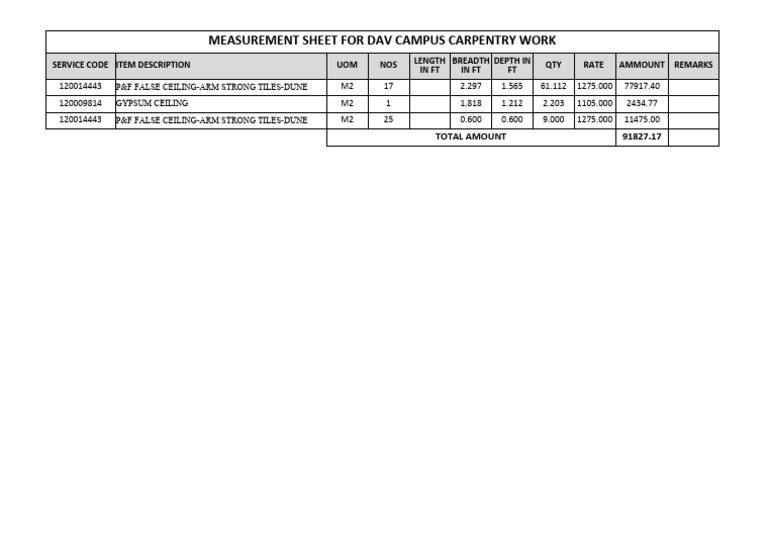 Carpentry Work Measurement Sheet | PDF