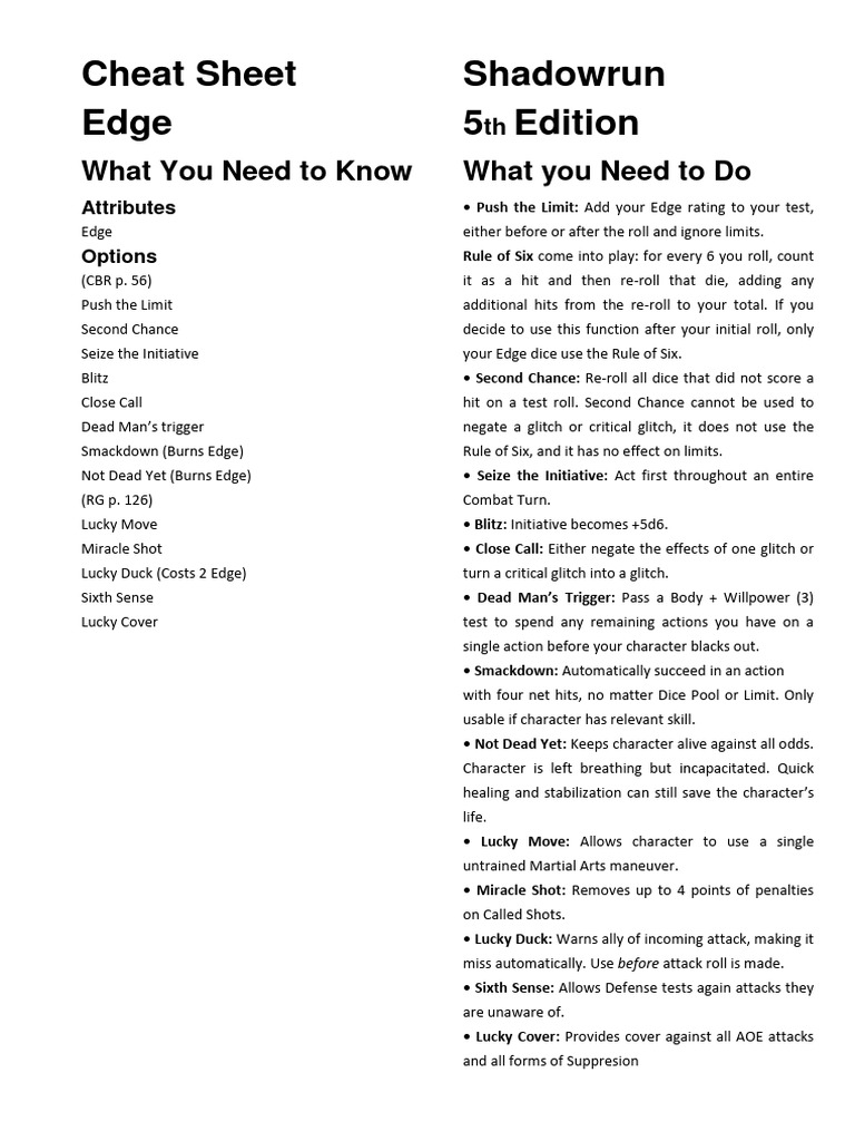 SR5 TOOL Cheat Sheet | PDF