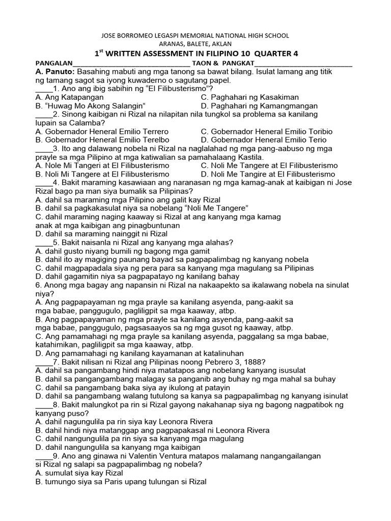 Written Assessment in Filipino 10 Quarter 4 | PDF
