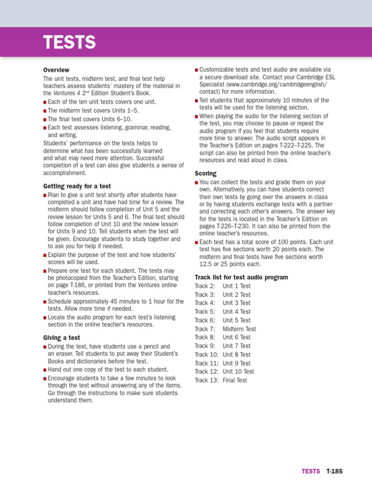 Ventures Level 4 Tests and Answer Key | PDF | Adolescence