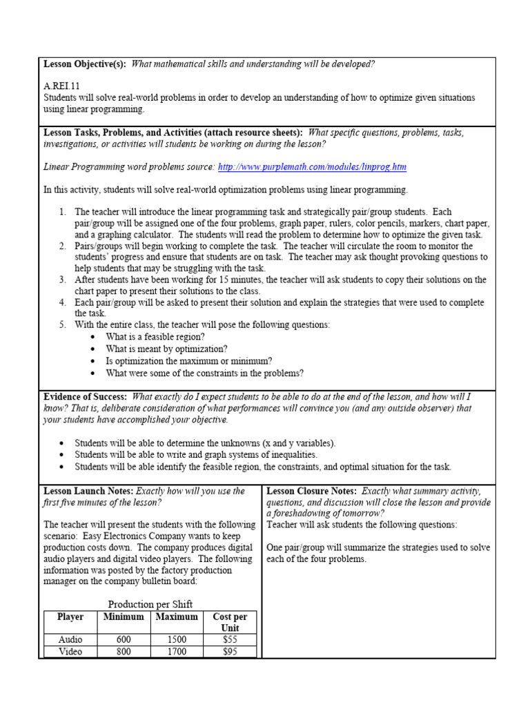 Linear Programming Lesson Plan | PDF | Linear Programming | Mathematical Optimization