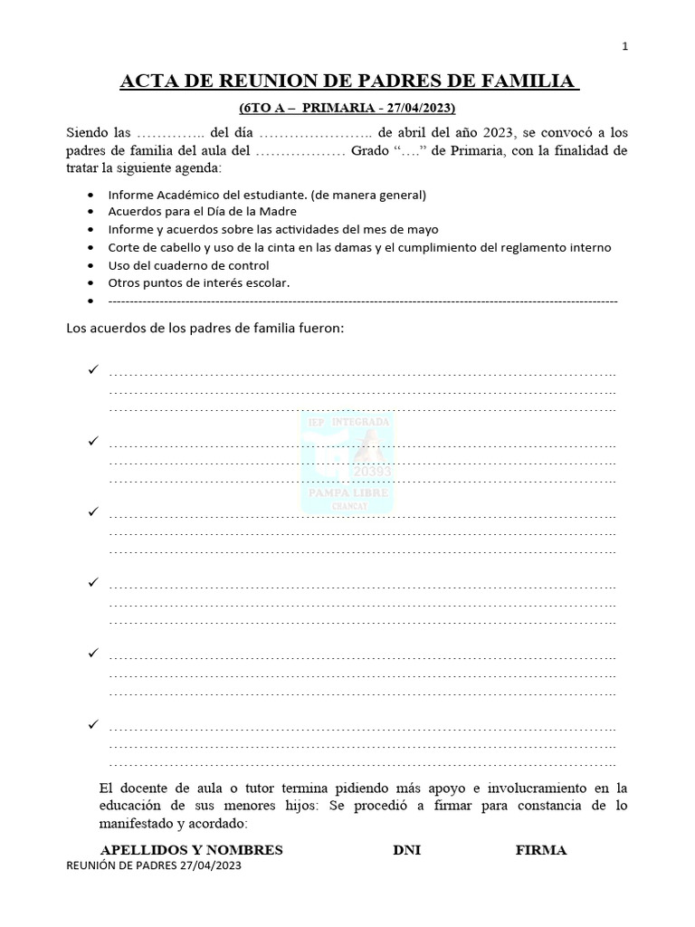 ACTA DE REUNION DE PADRES DE FAMILIA Comite de Aula | PDF