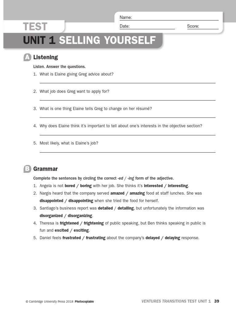 Ventures Transitions Tests and Answer Key | Download Free PDF ...