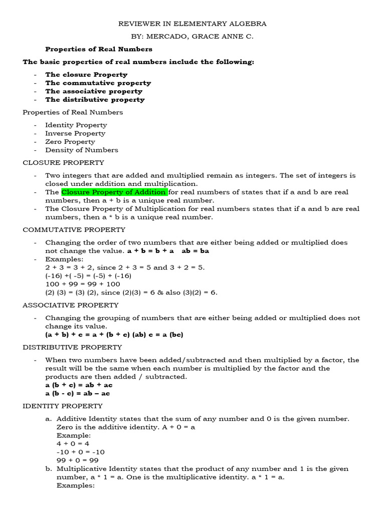 Reviewer in Elementary Algebra | PDF