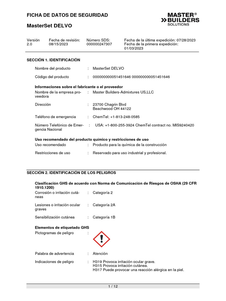 HOJA DE SEGURIDAD - Masterset DELVO | PDF | Química
