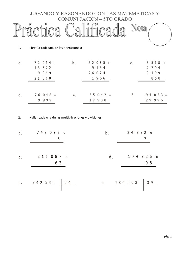 Ejercicios de Matemáticas 5to Grado | PDF | Sustracción | División ...