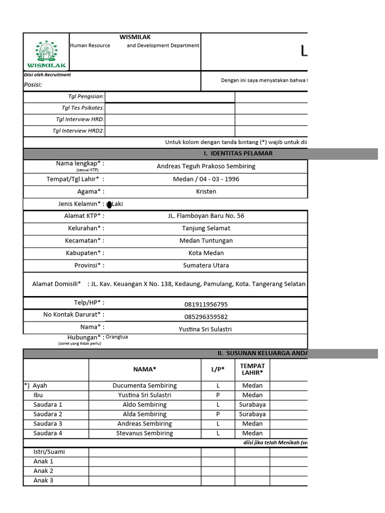 Lembar Isian Pelamar - Recruitment Wimilak | PDF