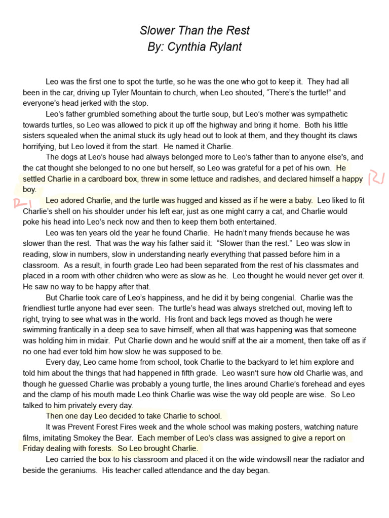 Slower Than The Rest by Cythia Rylant | PDF | Poetry | General Fiction