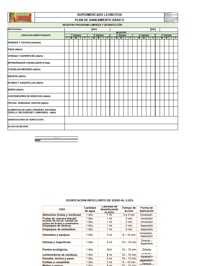 Formatos Limpieza Desinfeccion | PDF | Agua | Comida y bebida