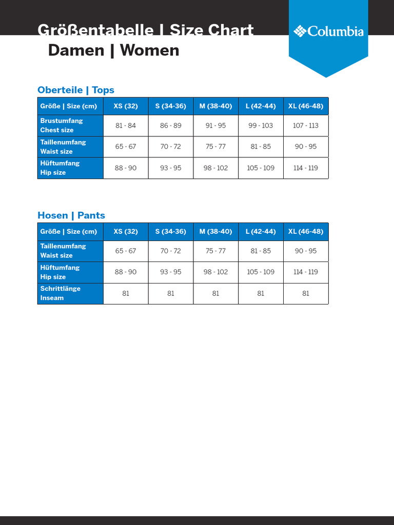 Sizing Columbia Damen | PDF | Lifestyle