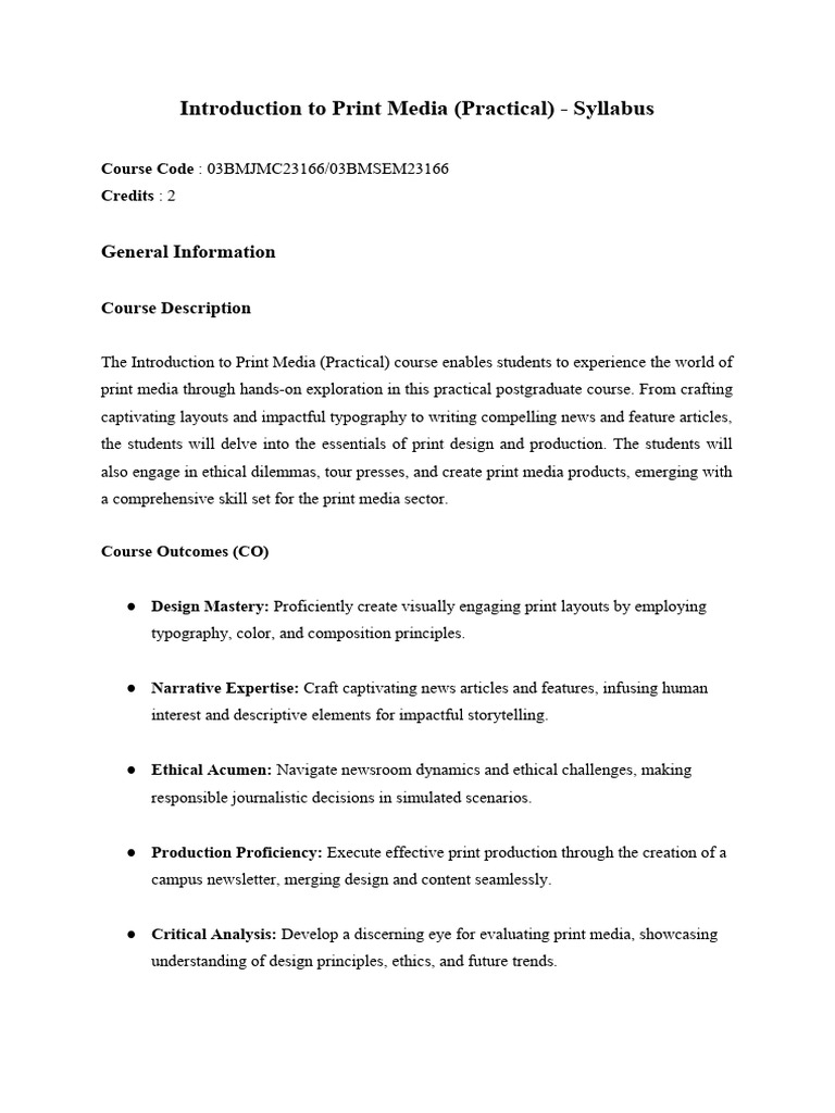 Introduction To Print Media (Practical) - Syllabus | PDF | Graphic Design | Typography
