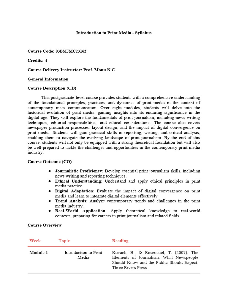Print Media Course Syllabus Overview | PDF | Journalism | Mass Media