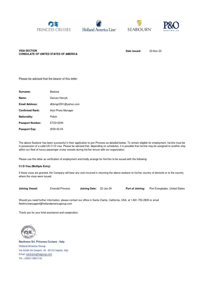 C1D Visa Letter 4490 | PDF
