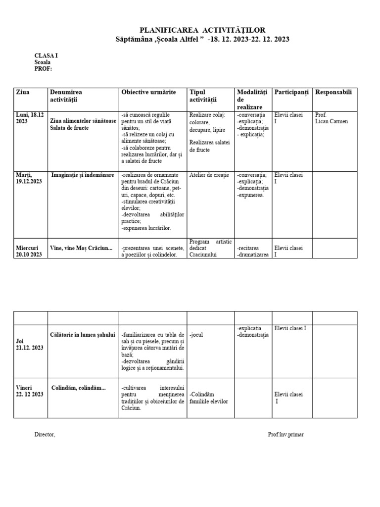 Scoala Altfel 2023-2024-Planificare Activitati | PDF