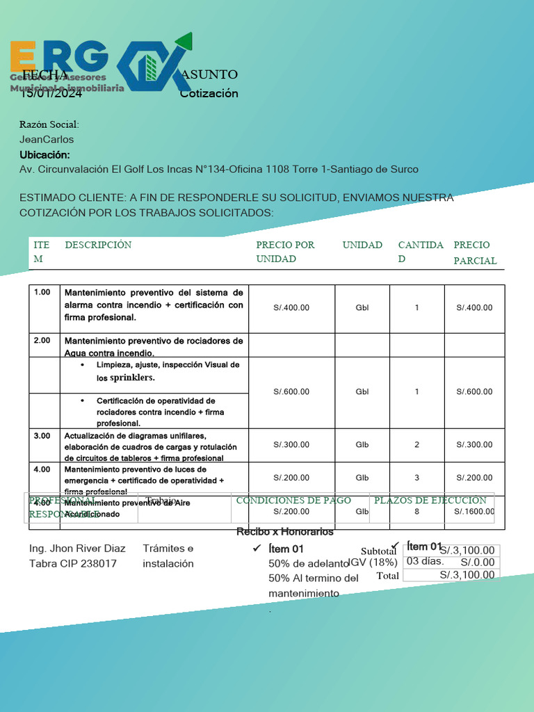 Cotizacion de Mantenimiento Edificio Torre 1 Ofi.1108 | PDF