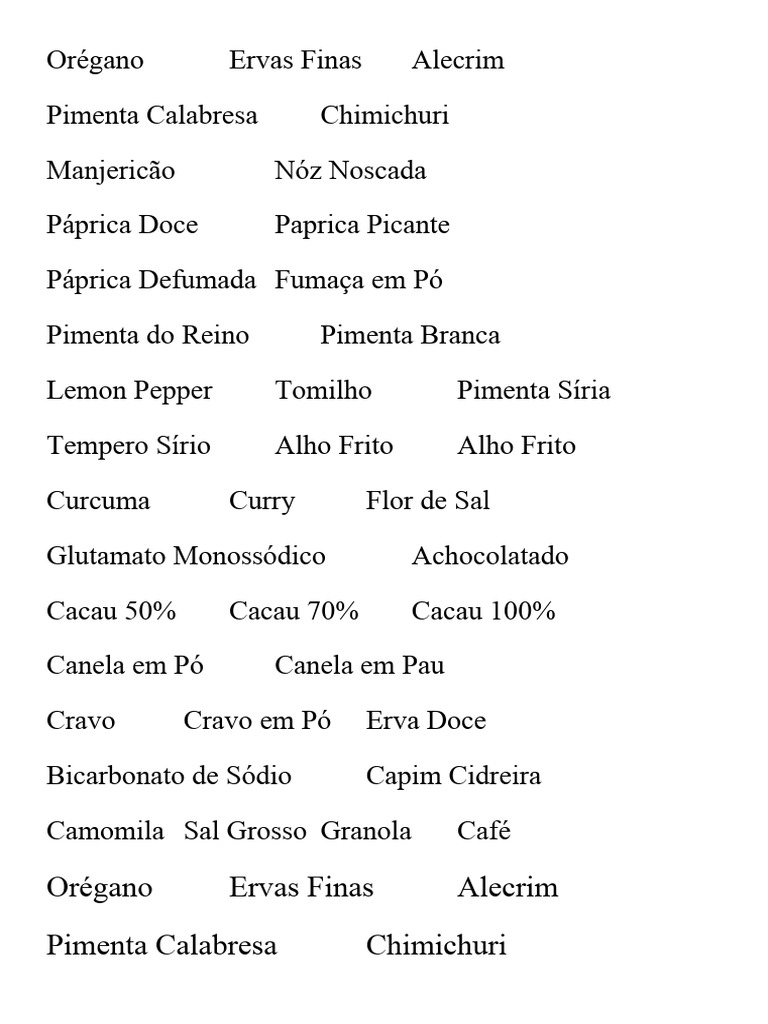Lista de Temperos para Imprimir PDF | PDF | Gastronomia, comida e vinho