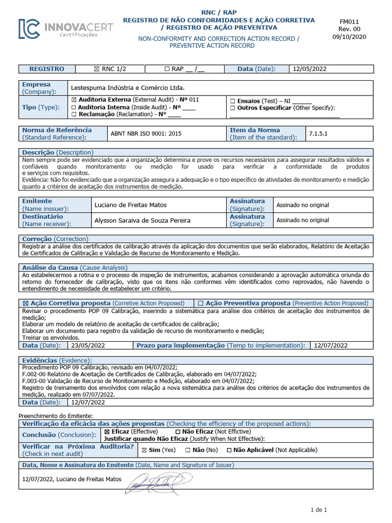 FM011 - RNC - 1 - 2 - Finalizada | PDF | ISO 9000 | Business