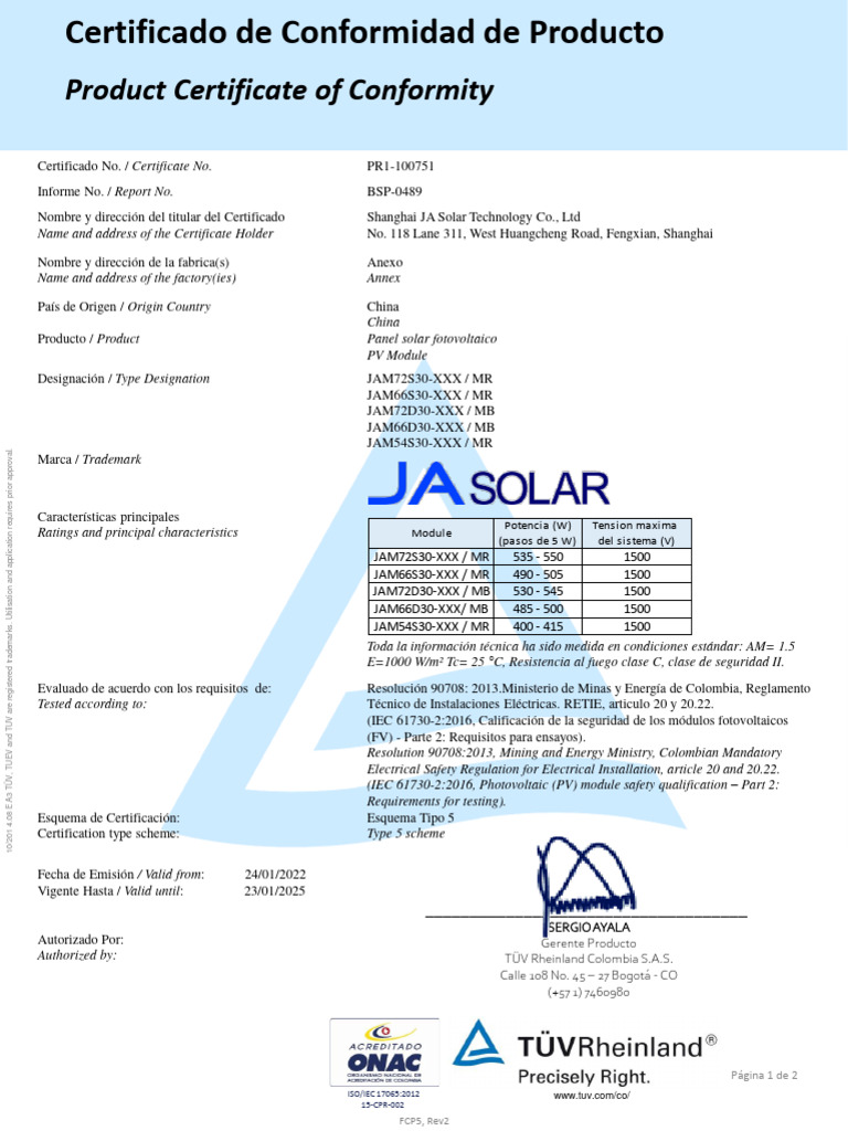 CERTIFICADO PANEL JA SOLAR Actual | PDF | Dom | Energía solar
