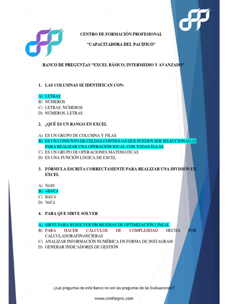 Banco de Preguntas - Excel Básico, Intermedio y Avanzado | PDF | Hoja de cálculo | Microsoft Excel