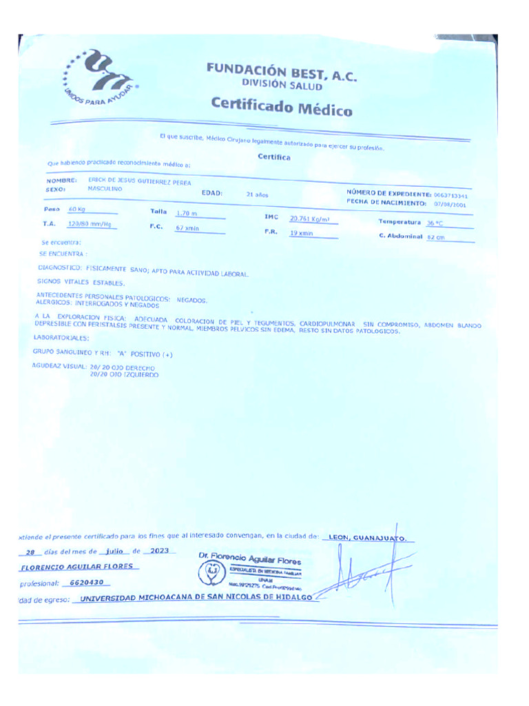 Certificado Medico Erick de Jesus Gutierrez Perea | PDF