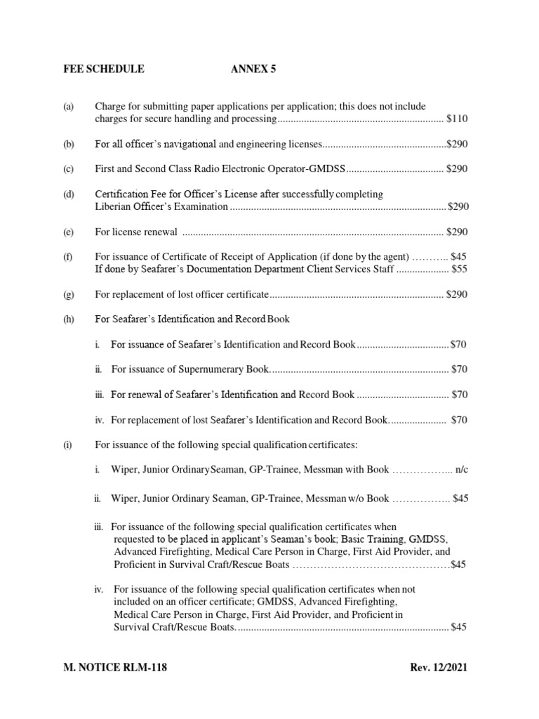 Annex 5 Fee Schedule Rev.12 21 | PDF | Sailor | Business