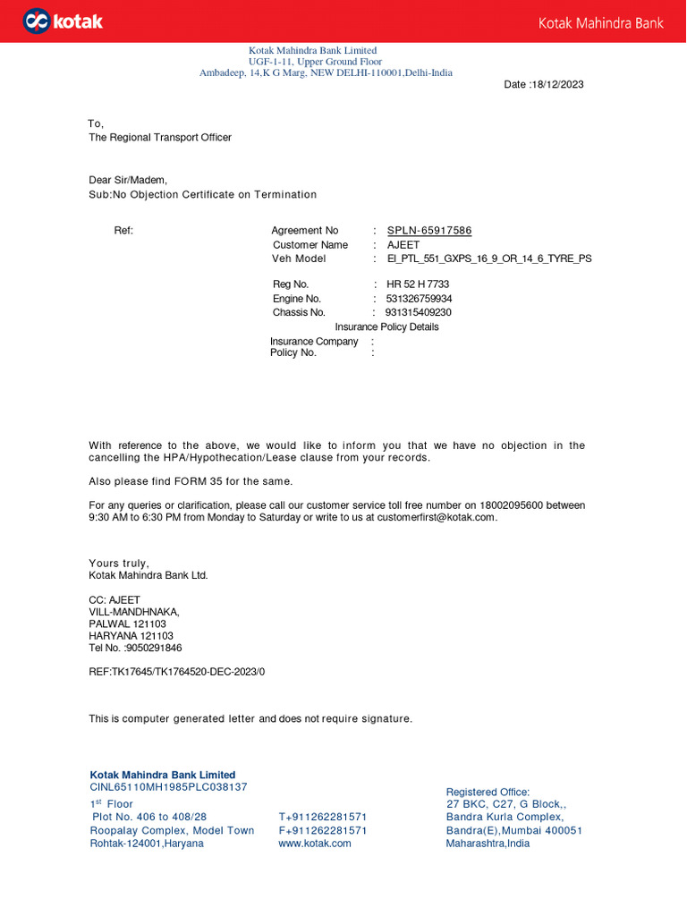 HARICHAND AJIT - Kotak - Loan - NOC | PDF