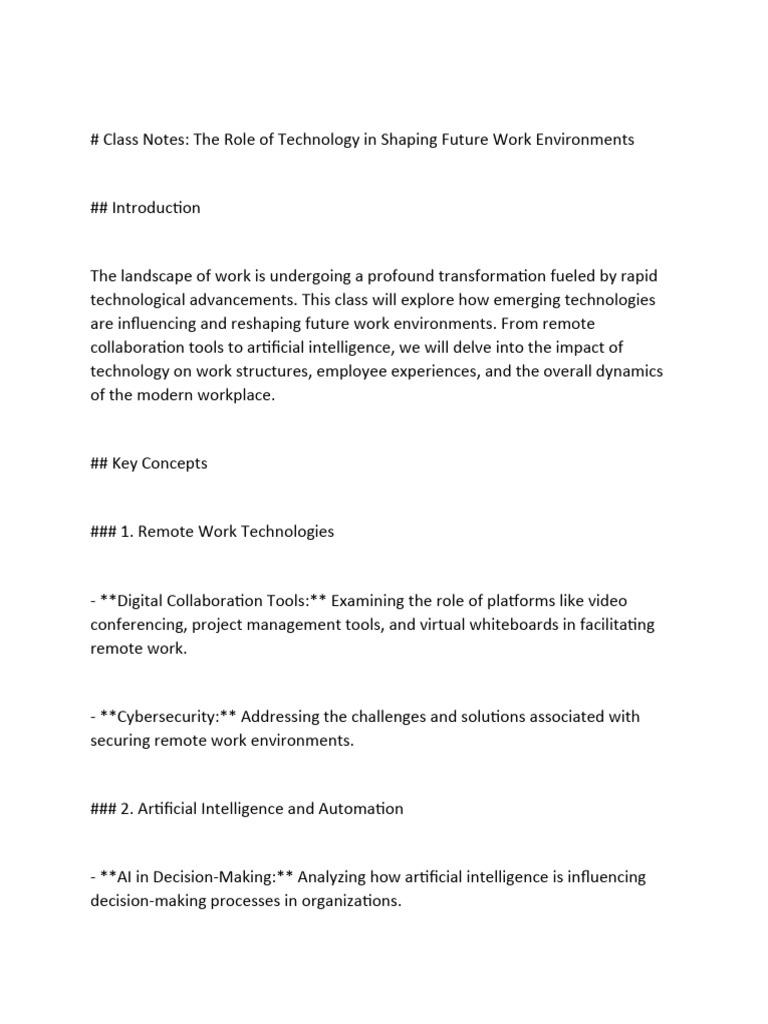 Class Notes The Role of Technology in Shaping Future Work Environments ...