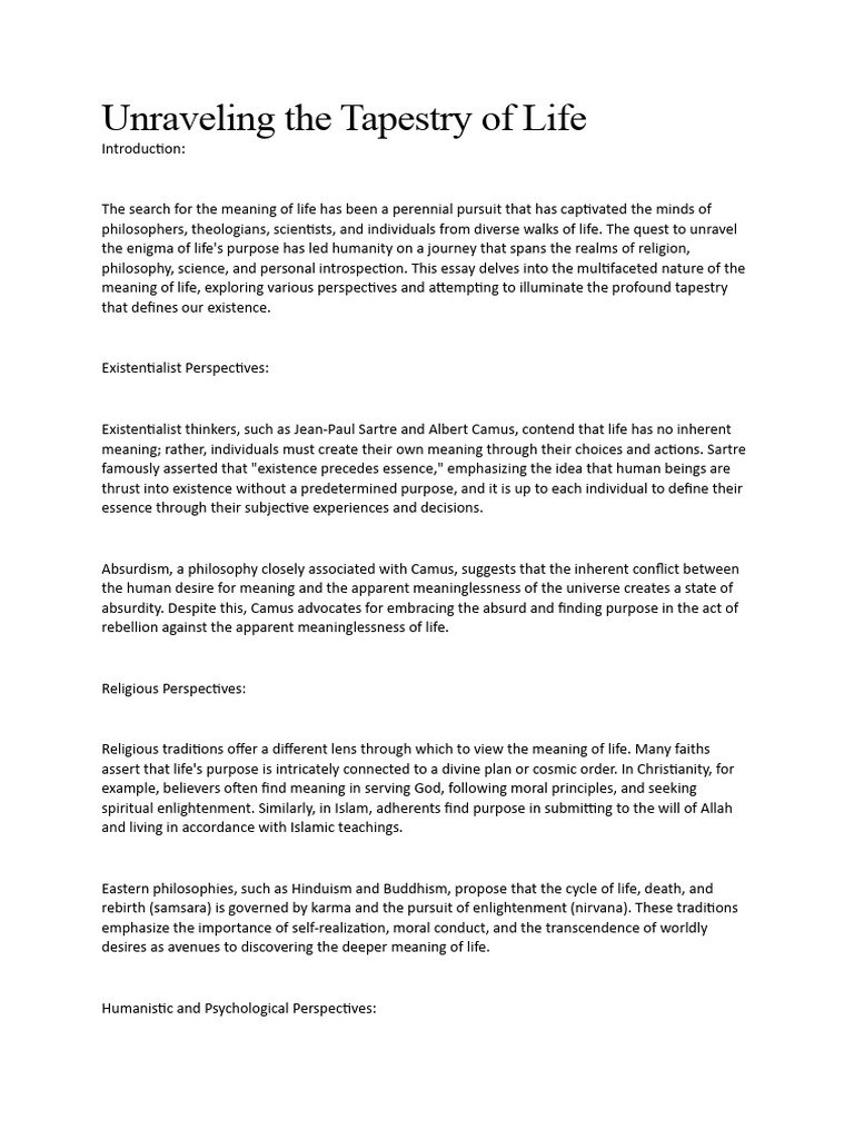 Unraveling the Tapestry of Life | PDF | Meaning Of Life | Humanistic ...