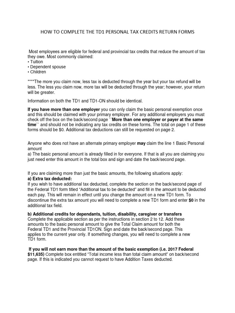 How To Complete The TD1 Personal Tax Credit Return Forms - Nov 2021 2 | PDF