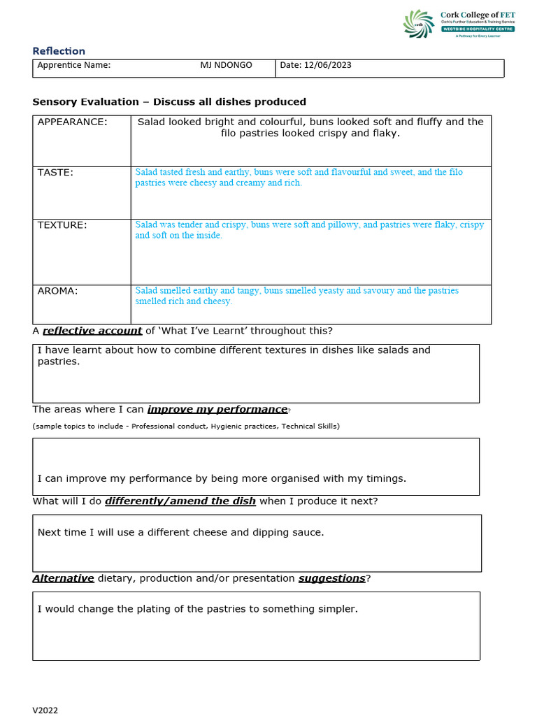 Culinary Reflection on Dish Evaluation | PDF | Cooking, Food & Wine ...